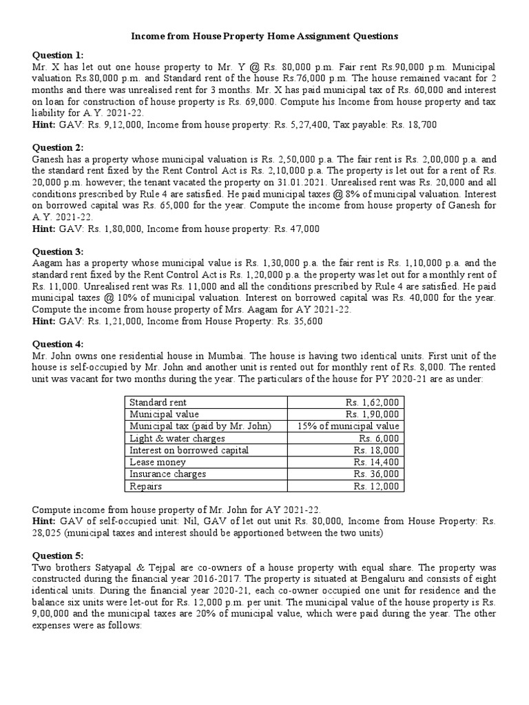 Income from House Property Assignments | PDF | Interest | Taxes