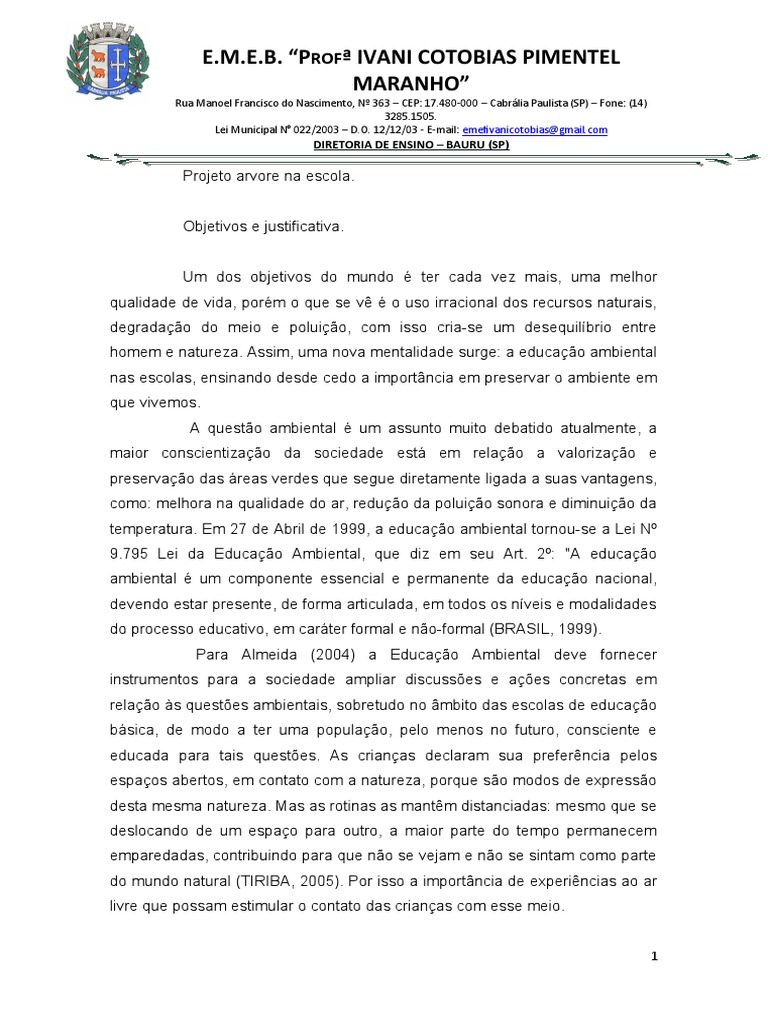 Projeto Arvore Na Escola Pdf Ambiente Natural Sustentabilidade