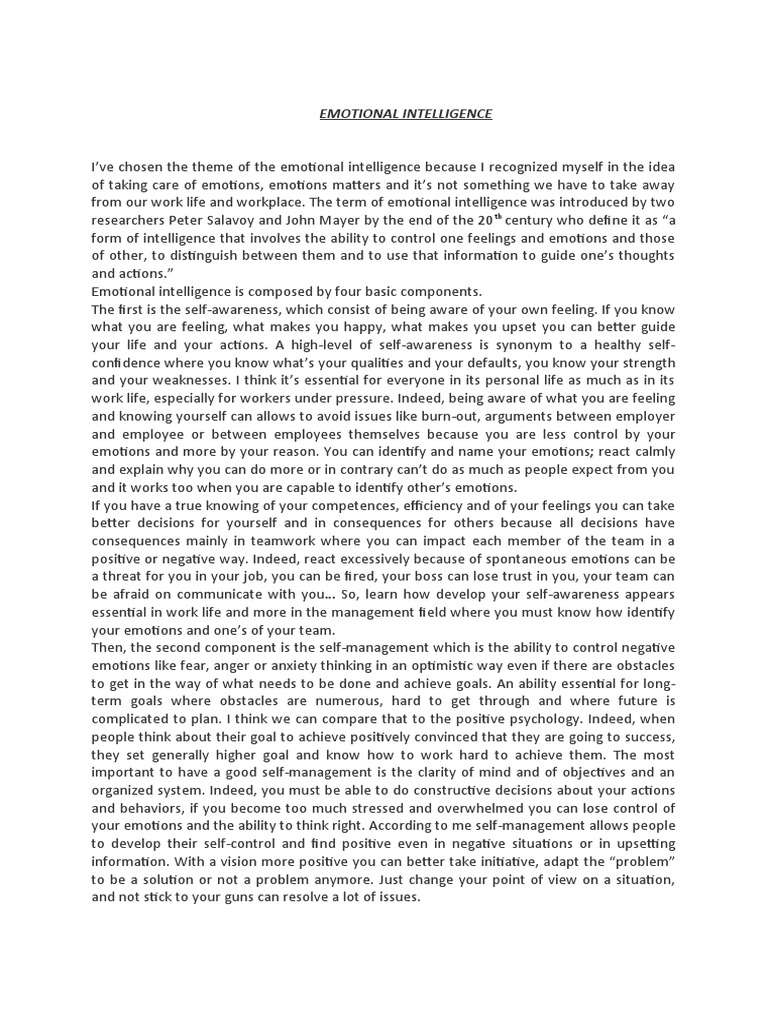 Essay Emotional Intelligence | PDF | Emotional Intelligence | Emotions