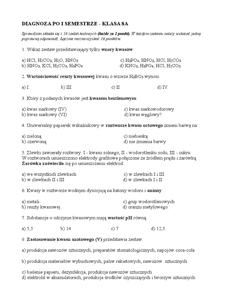 Diagnoza Po I Semestrze Klasa 8 | PDF