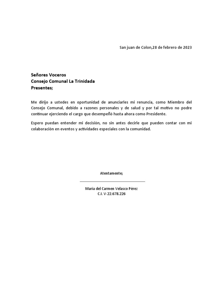 Renuncia como Presidente del Consejo Comunal | PDF