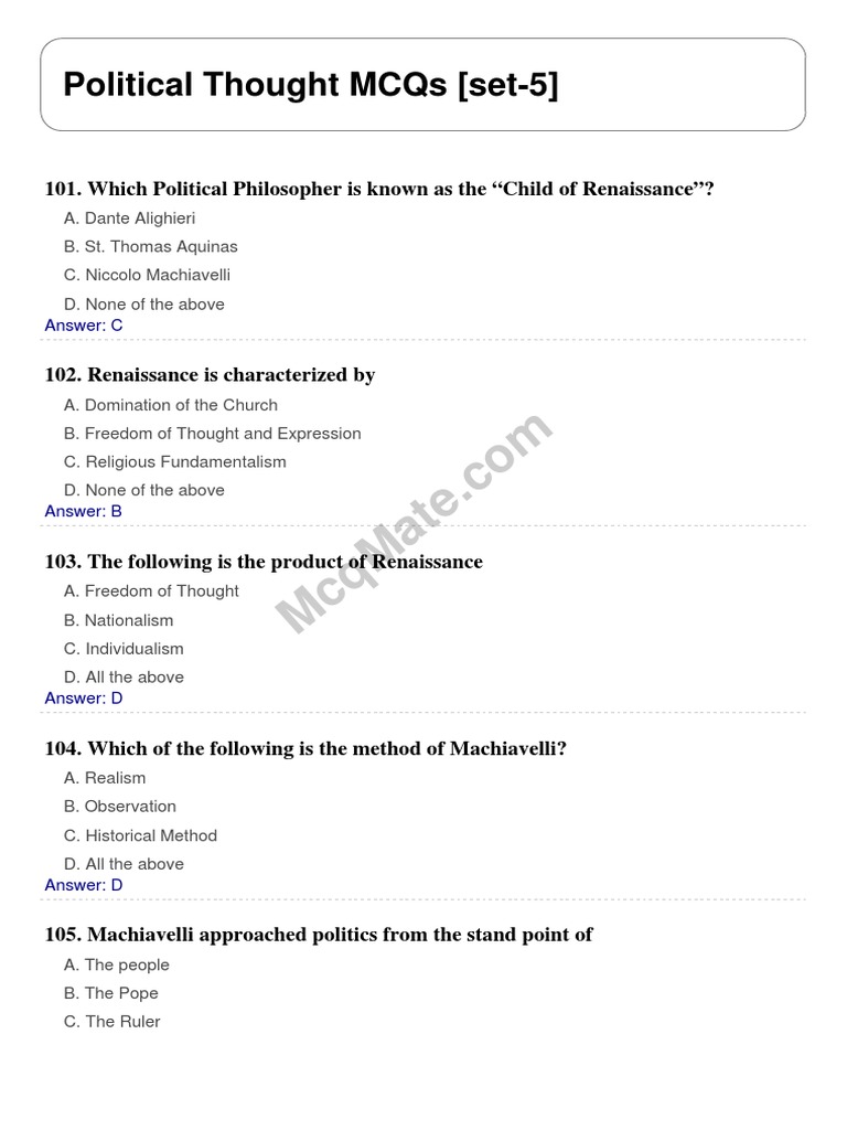 Political Thought Solved MCQs (Set-5) | PDF | Social Science | Philosophy Political Thought Solved MCQs (Set-5) | PDF | Social Science | Philosophy