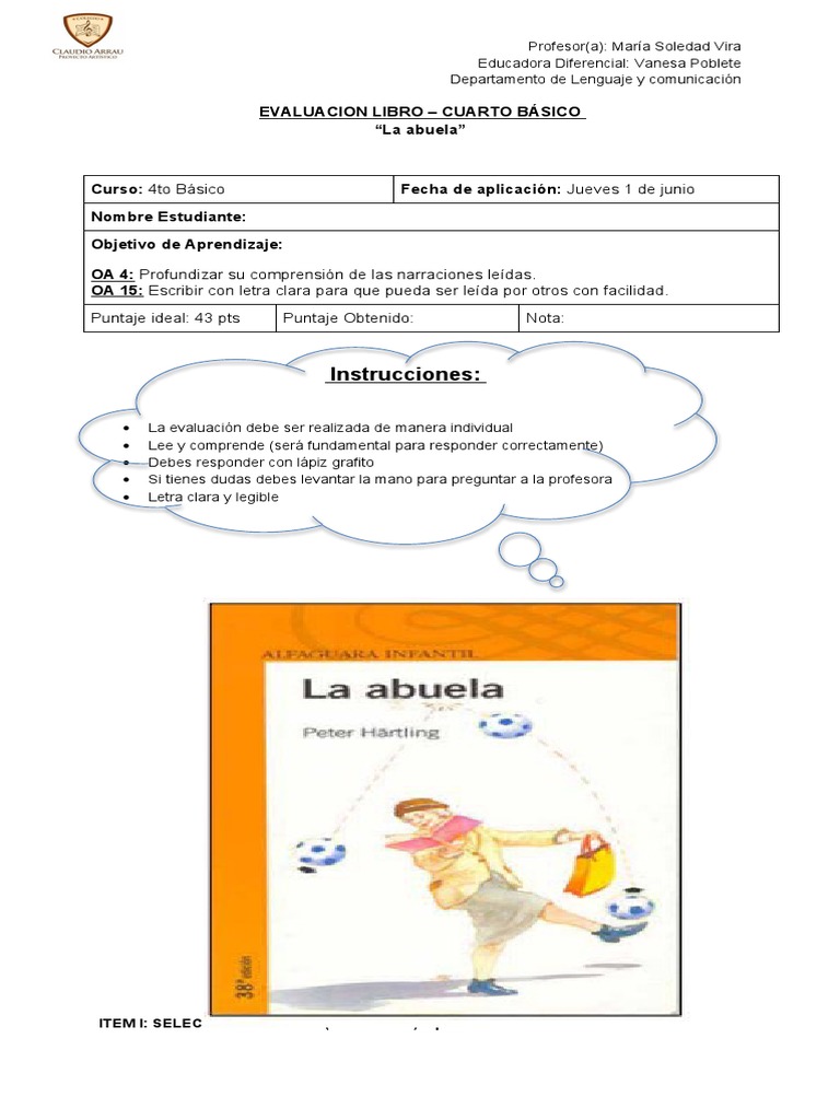 Evaluación Libro, La Abuela, 4° Básico | PDF