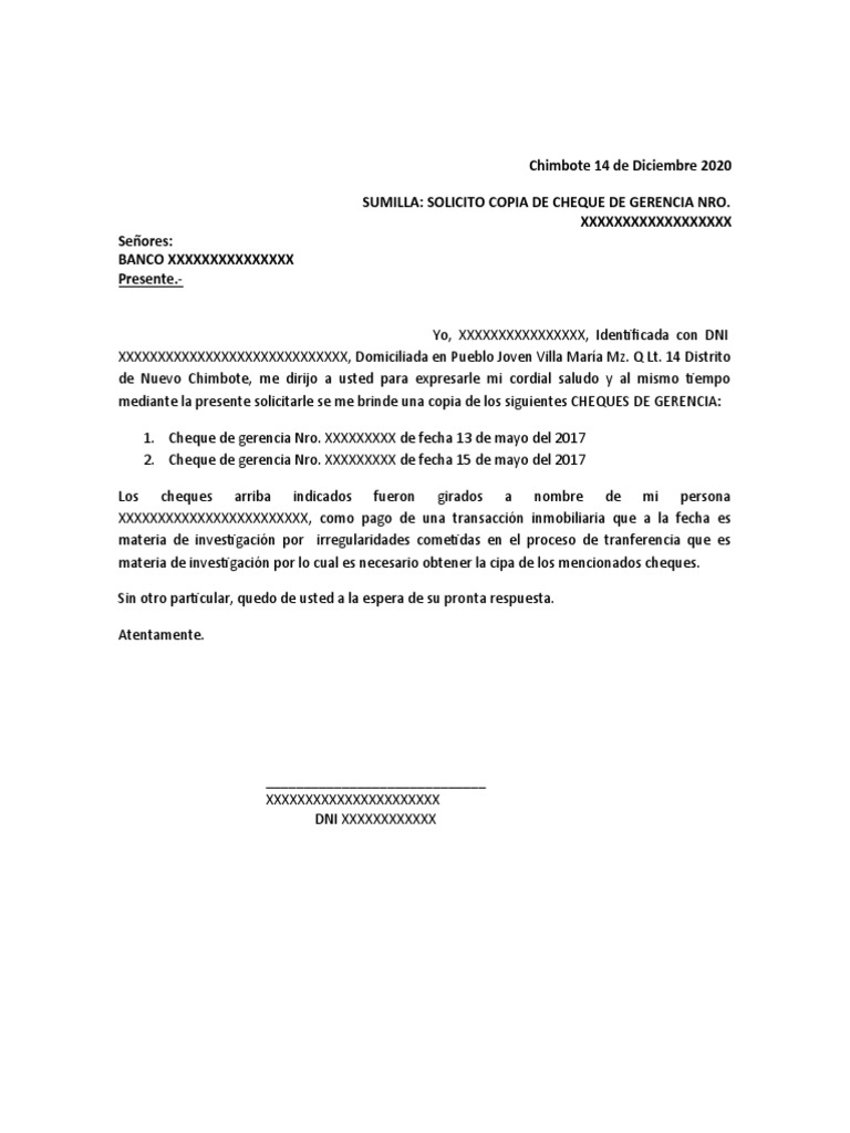 Modelo de Solicitud de Copia de Cheque Bancos | PDF | Derecho