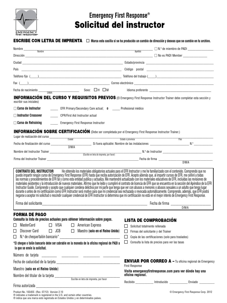 10245S Emergency First Response - Solicitud Del Instructor | PDF | Cheque