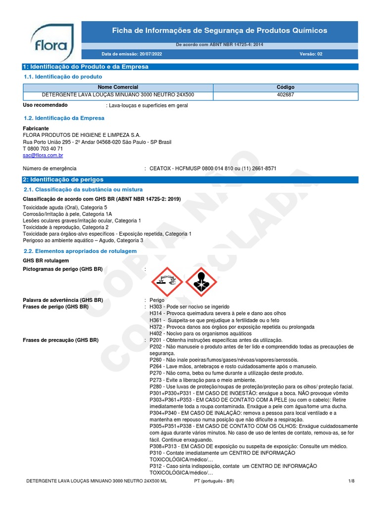 FISPQ Detergente - Minuano Neutro | PDF | Queimadura | Primeiros socorros
