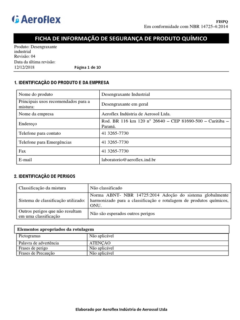 FISPQ Desengraxante - Aeroflex | PDF