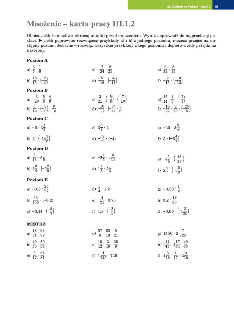 Karta Pracy - Mnozenie Ulamków | PDF
