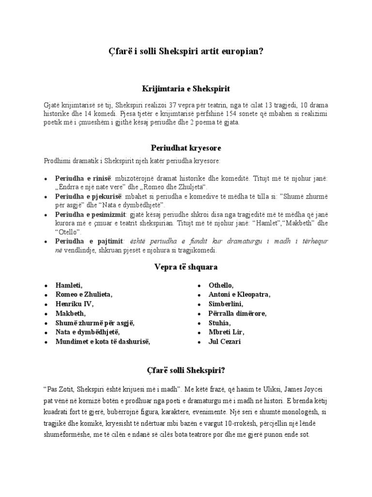 Çfarë I Solli Shekspiri Artit Europian | PDF