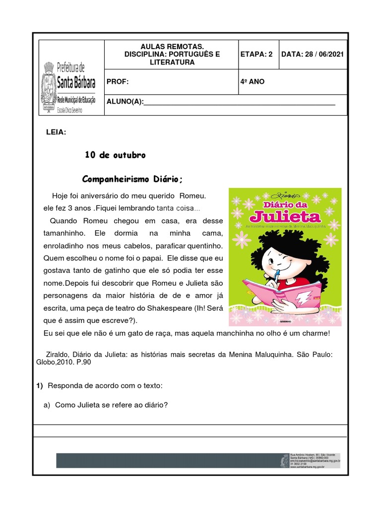 Português - Texto e Interpretação Diário EMCS (5032) | PDF | Romeu e ...