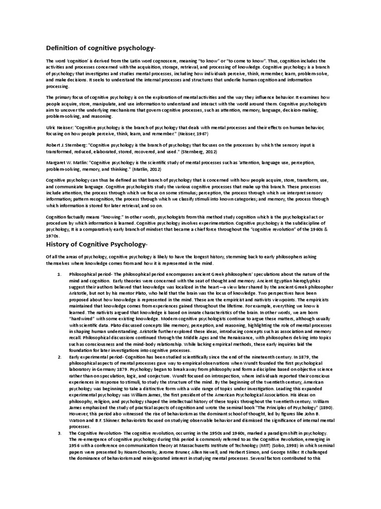 Definition of Cognitive Psychology | PDF | Psychology | Cognitive ...