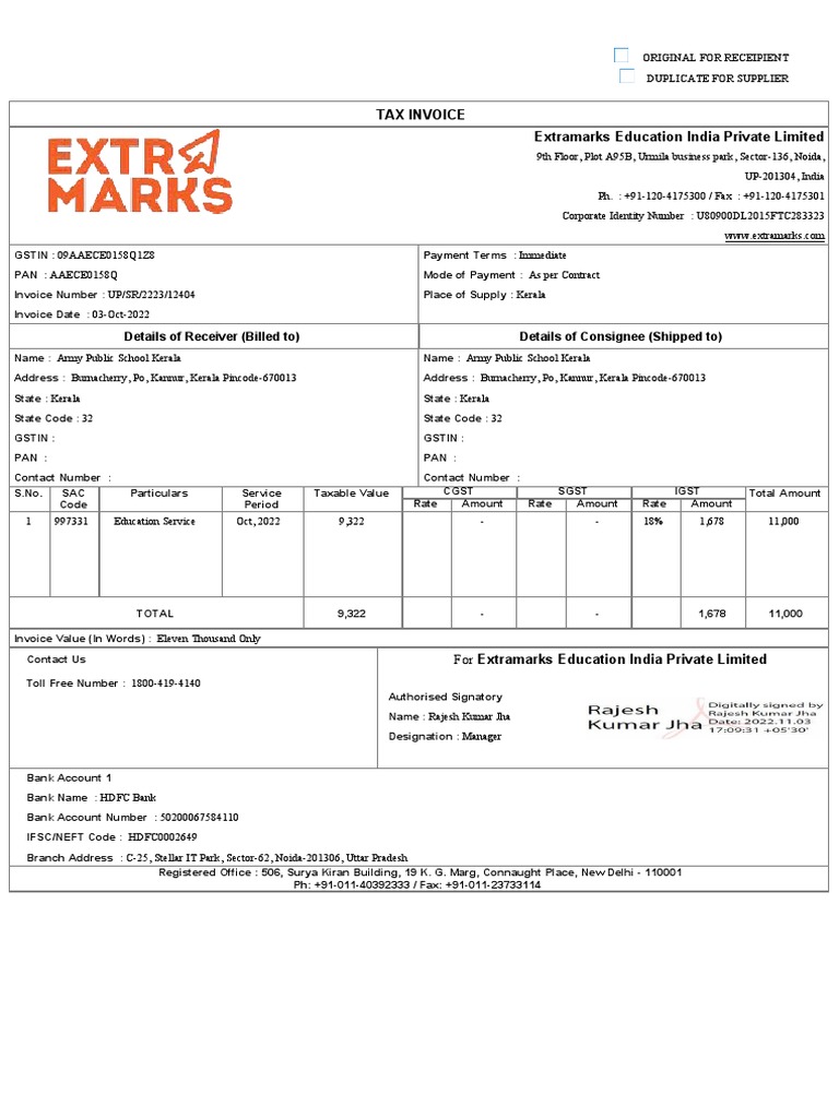 Tax Invoice Extramarks Education India Private Limited: Details of ...