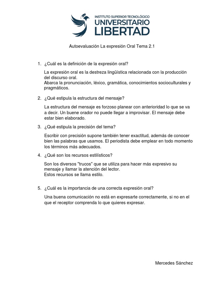 Autoevaluación Comunicación Oral y Escrita Tema 2.1 Mercedes Sánchez | PDF