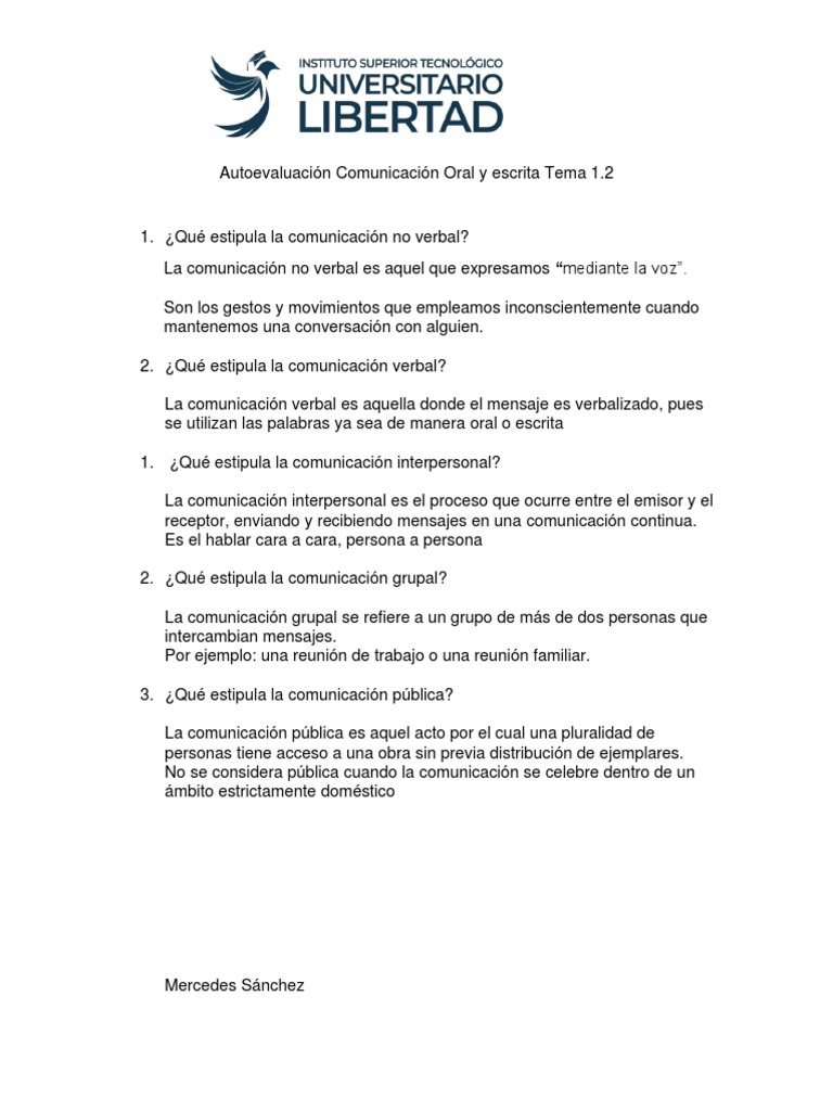 Autoevaluación Comunicación Oral y Escrita Tema 1.2 Mercedes Sánchez | PDF