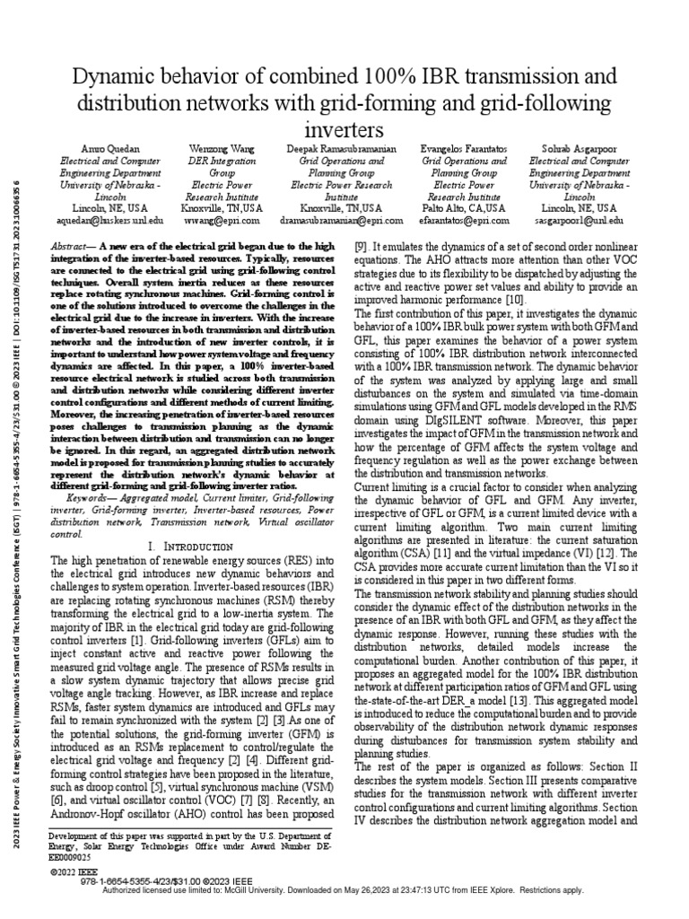 Dynamic Behavior of Combined 100 IBR Transmission and Distribution ...