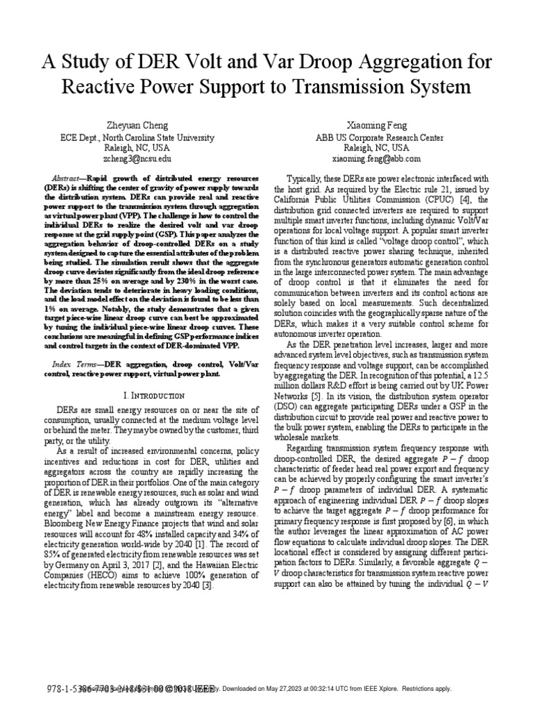 A Study of DER Volt and Var Droop Aggregation For Reactive Power ... A Study of DER Volt and Var Droop Aggregation For Reactive Power ...