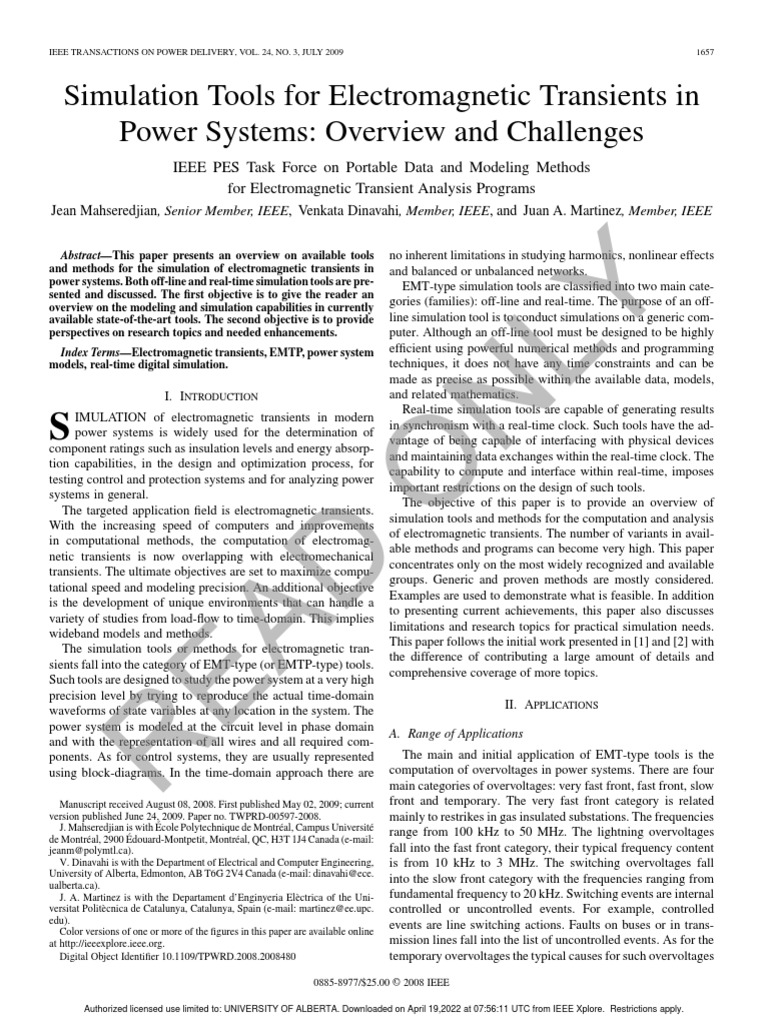 Simulation Tools For Electromagnetic Transients in Power Systems Overview and Challenges | PDF