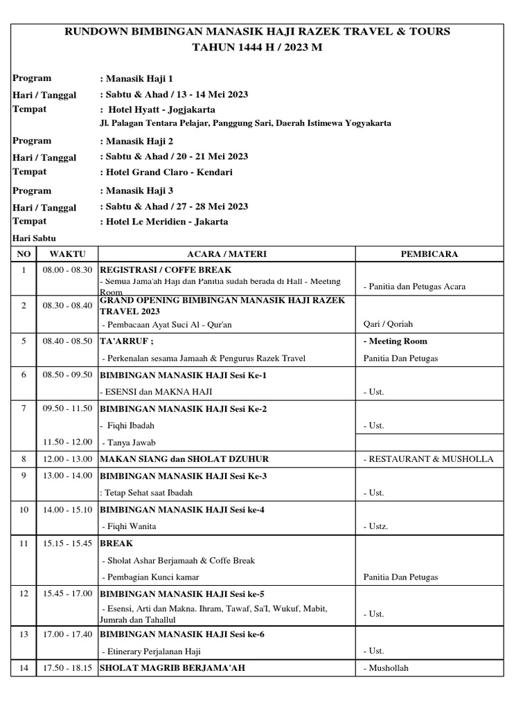 RUNDown Acara Bimbingan Manasik HAJI Razek Travel | PDF