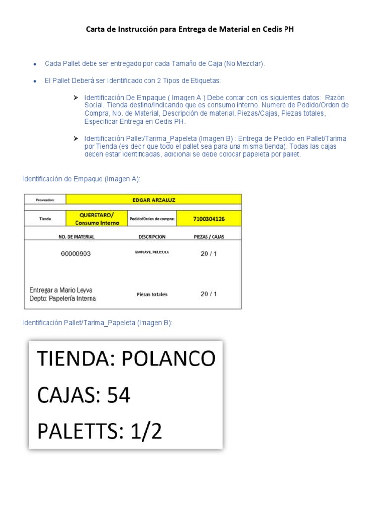 Instrucciones Entrega Material Cedis PH | PDF