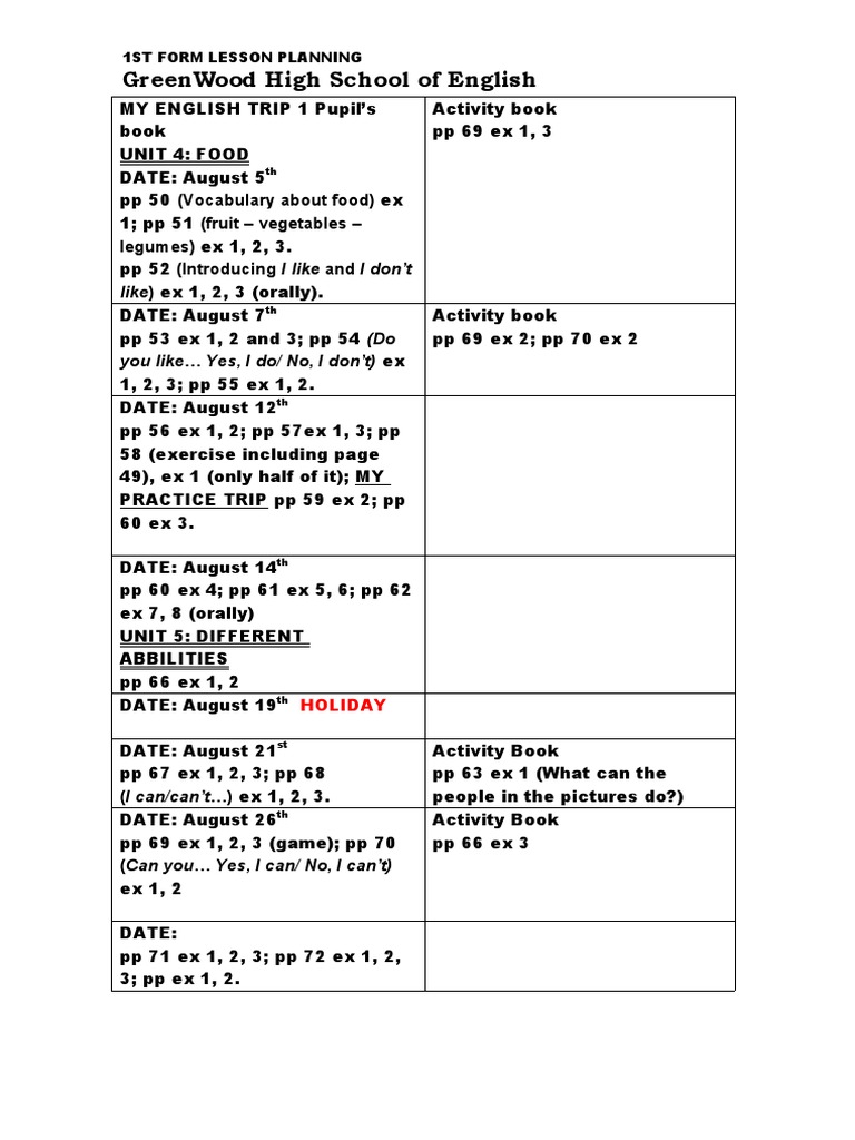 My English Trip 1 Annual Lesson Planning | PDF