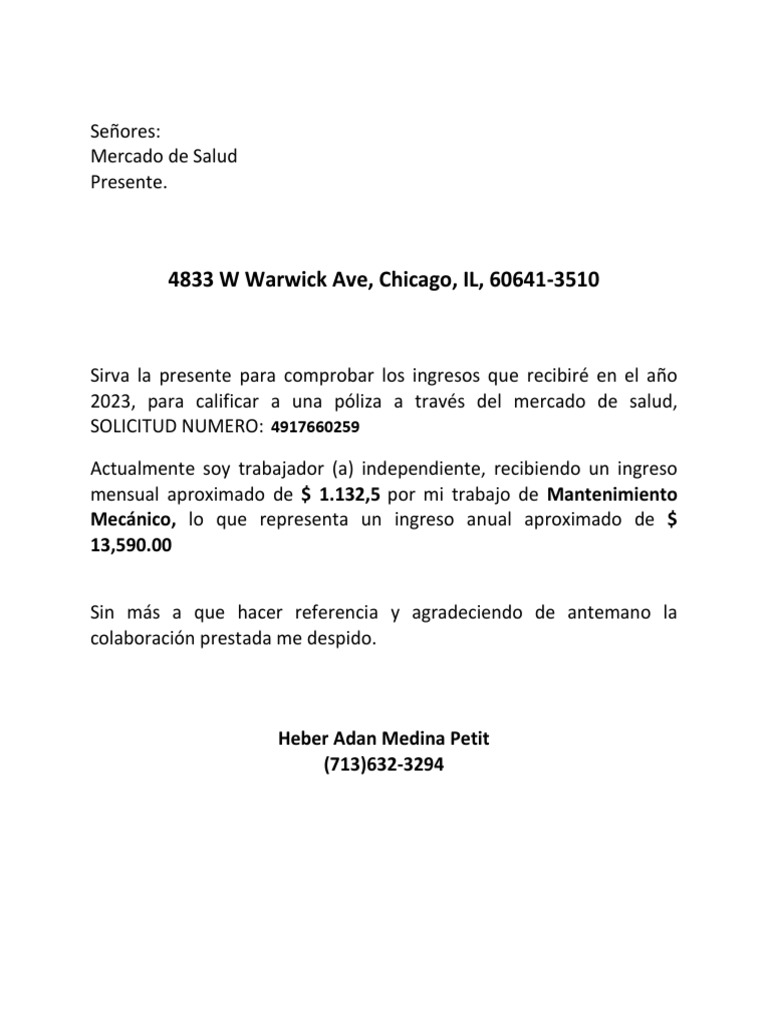 CARTA SELF EMPLOYMENT 2023 Heber Adan Medina Petit | PDF | Negocios ...