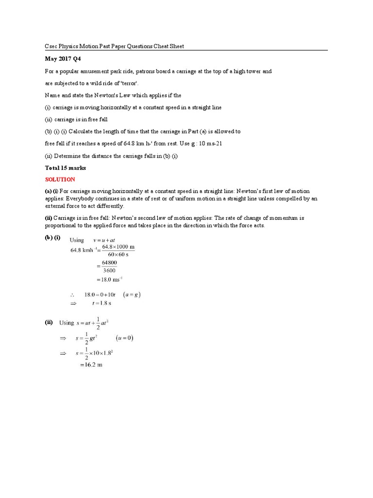 Csec Physics Motion Past Paper Solutions Cheat Sheet | PDF | Velocity ...