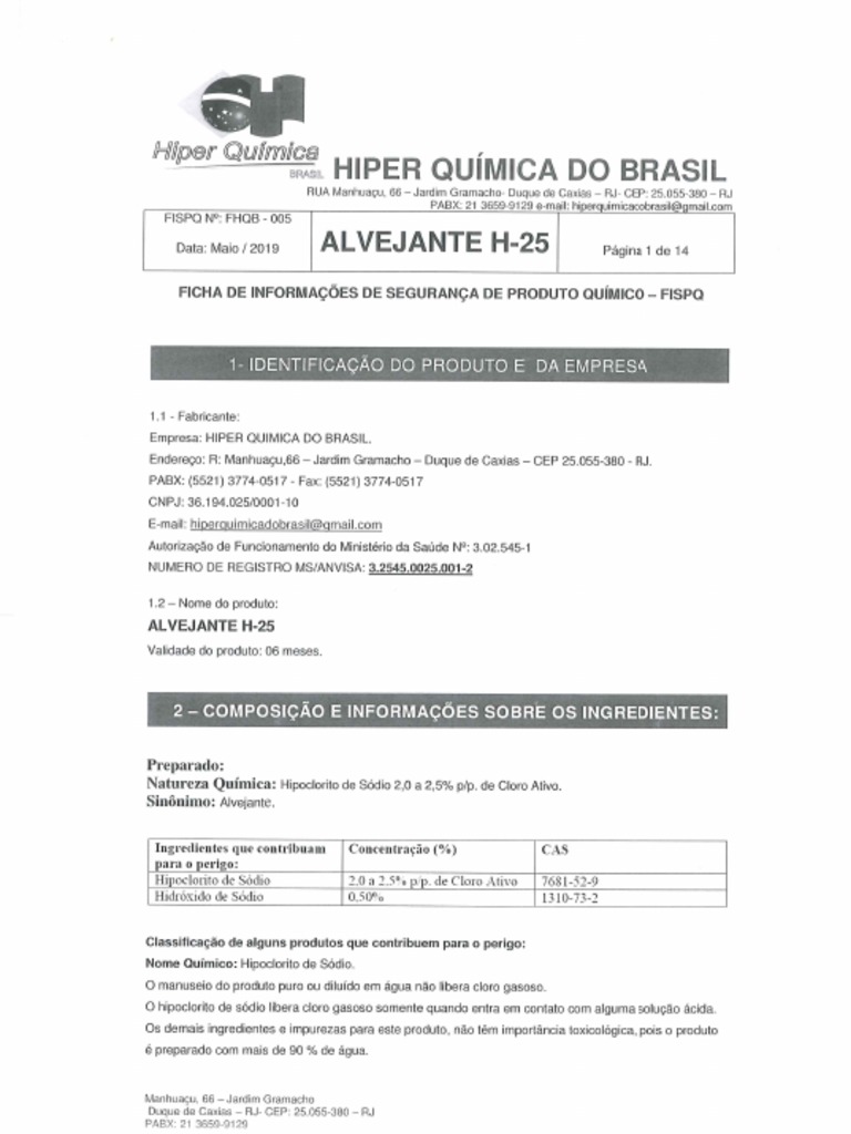 Hiper Química Do Brasil - Alvejante H-25 | PDF Hiper Química Do Brasil - Alvejante H-25 | PDF