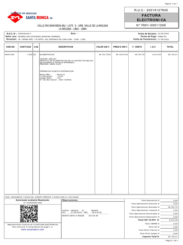 Fact. - Fact - F001-00011206 Santa Monica SRL Alimentacion | PDF