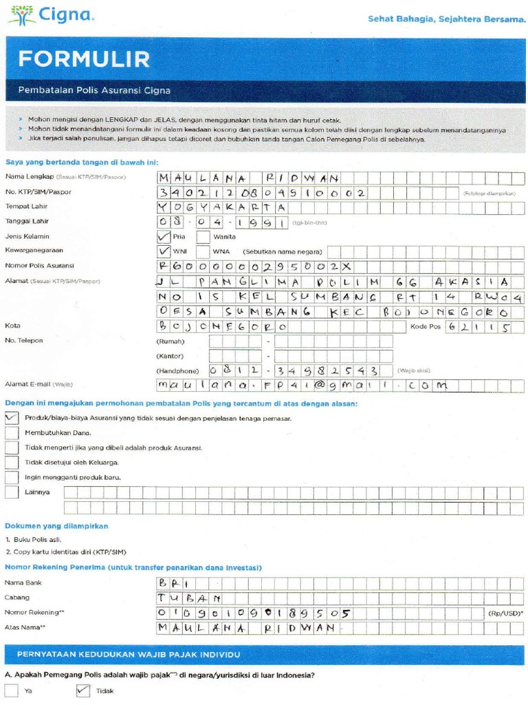 Form Pembatalan Asuransi Cigna | PDF