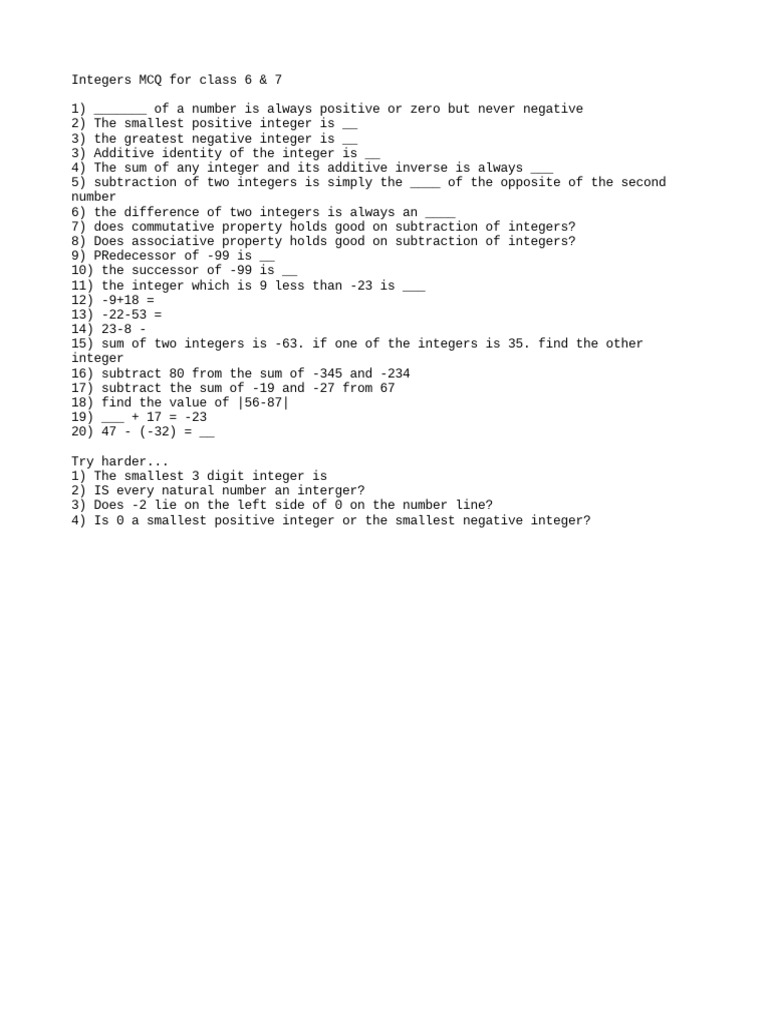 Integers MCQ | PDF