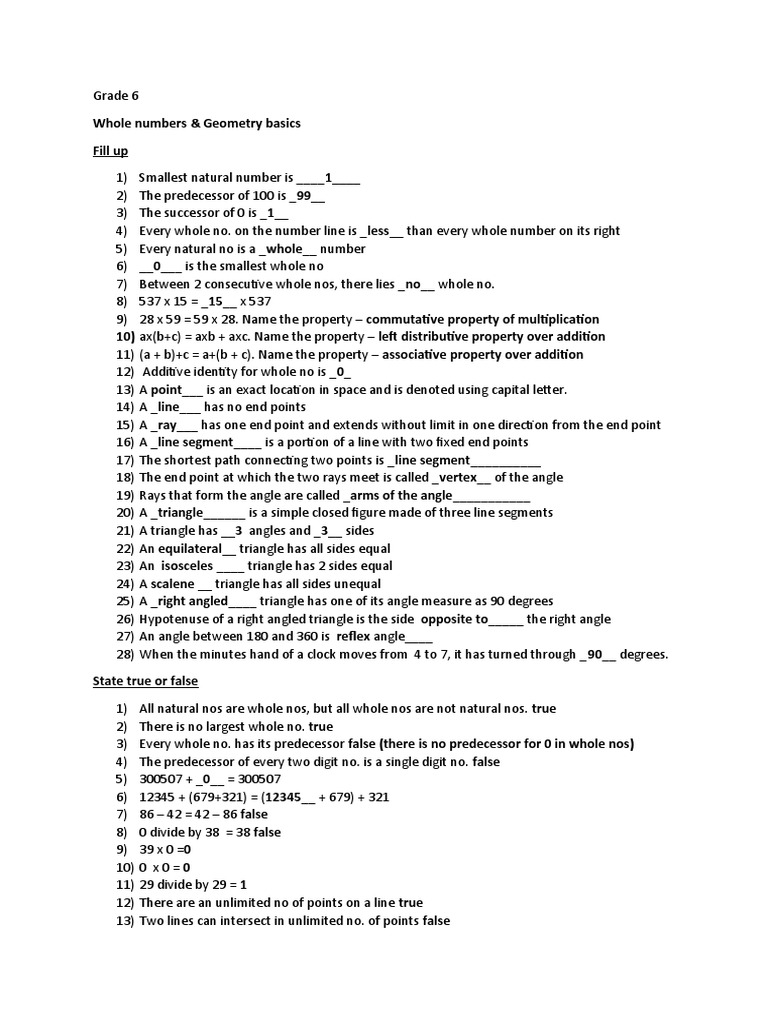 G6 - Math - Whole No - Geo - Answers | PDF | Triangle | Euclidean Plane ...