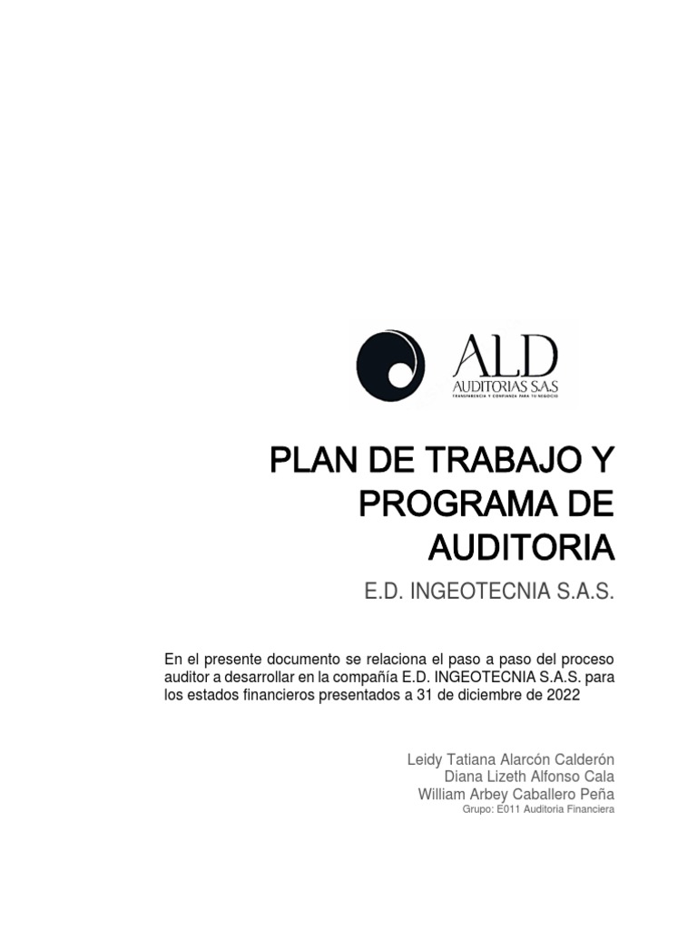 Plan de Trabajo y Programa de Auditoria Ed Ingeotecnia S.A.S. | PDF | Auditoría | normas ...