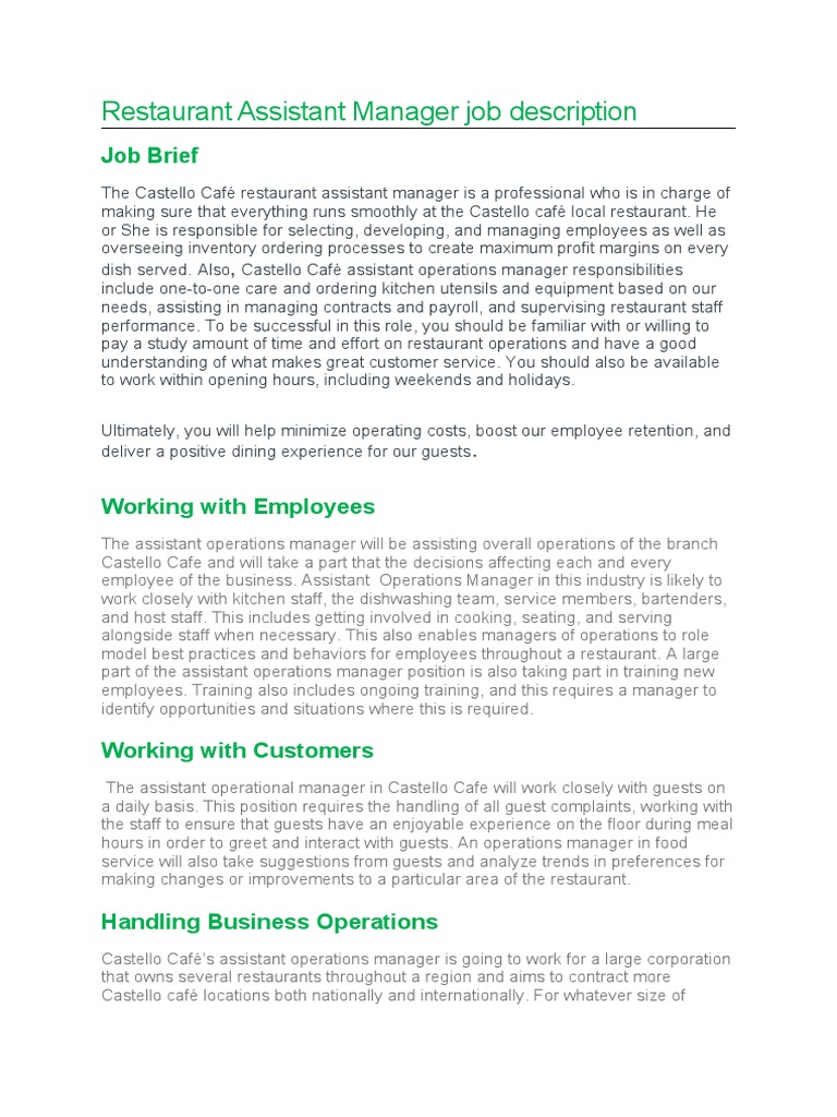 Castello Cafe AOM Job Description | PDF | Restaurants | Employment