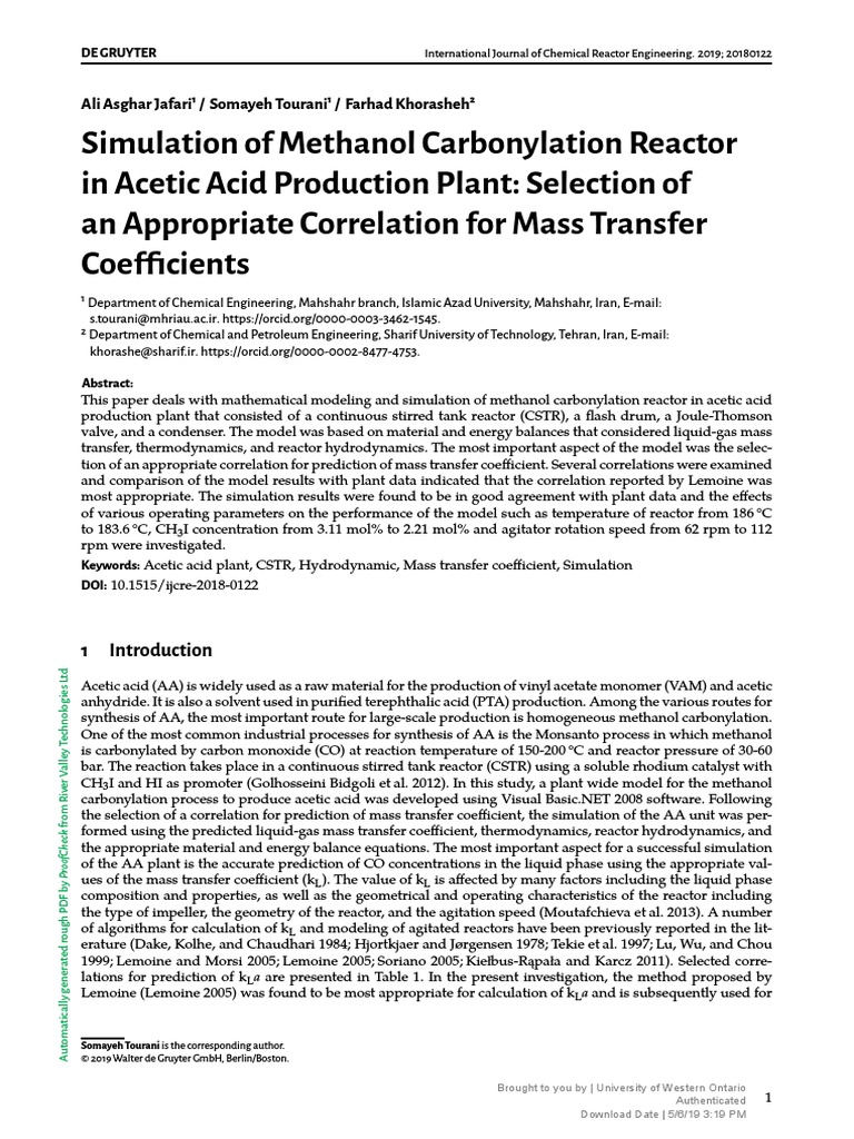 Simulation of Methanol Carbonylation Reactor in Acetic Acid Production ...