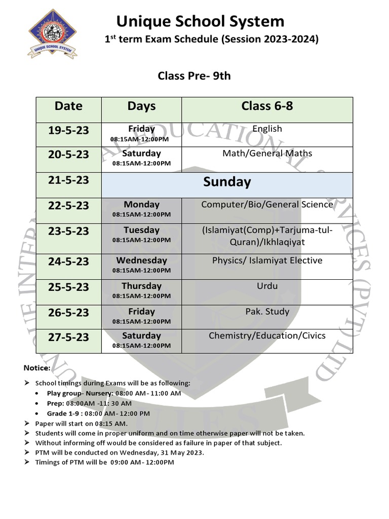 Class Pre-9 Datesheet | PDF