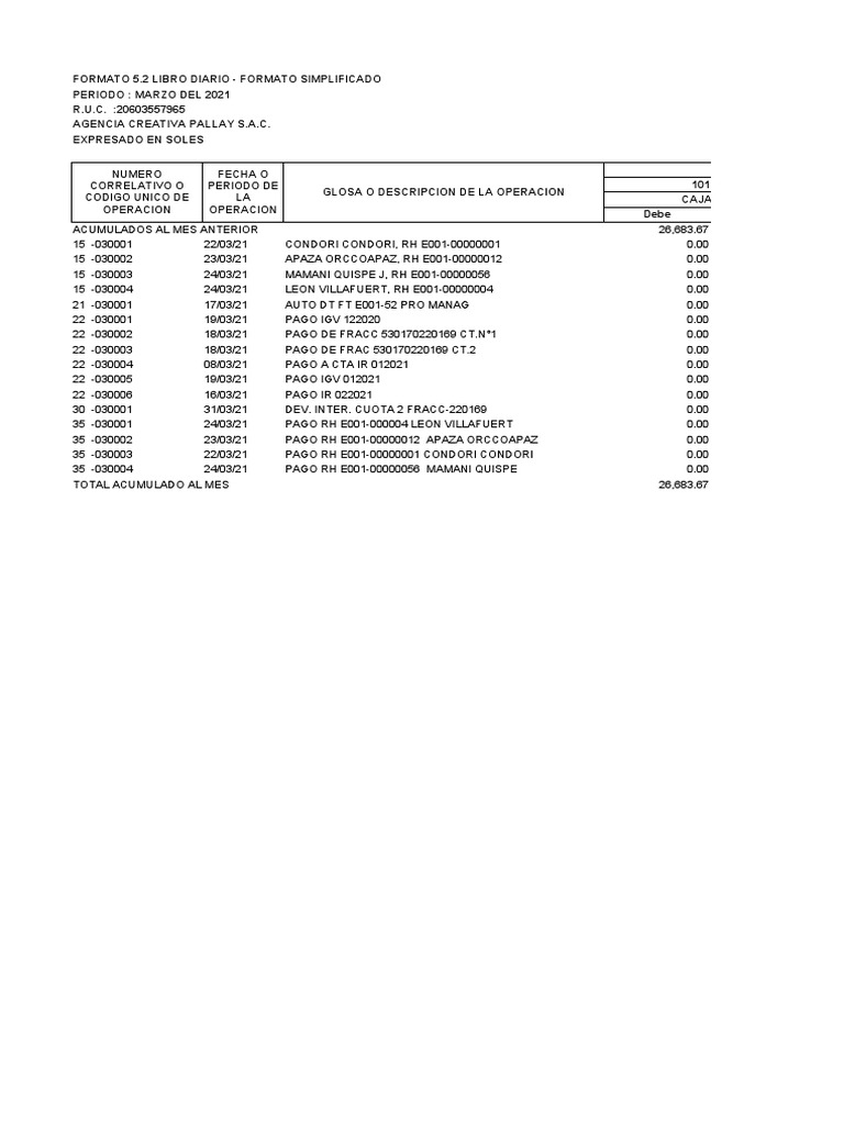 Ejemplo_LIBRO DIARIO FORMATO SIMPLIFICADO , MODELO SEGUN LINEAMIENTOS | PDF