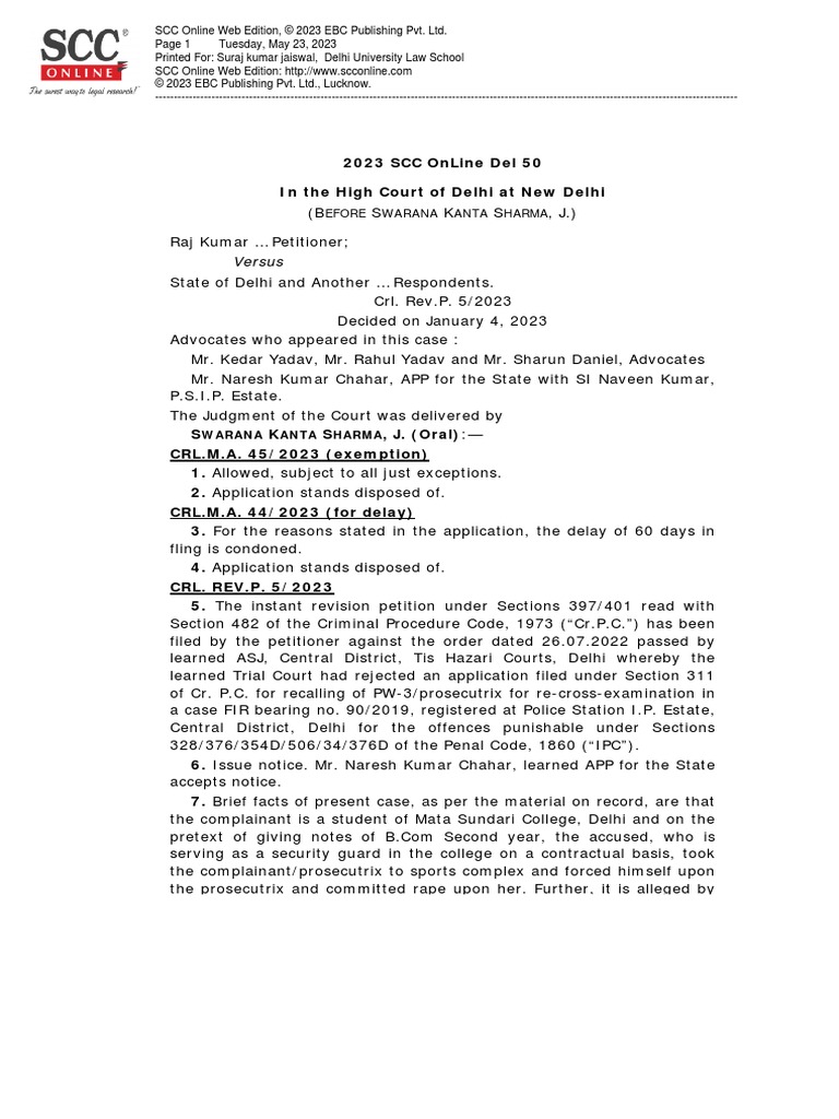 Raj Kumar v. State (NCT of Delhi), 2023 SCC OnLine Del 50 | Download Free PDF | Prosecutor | Trials