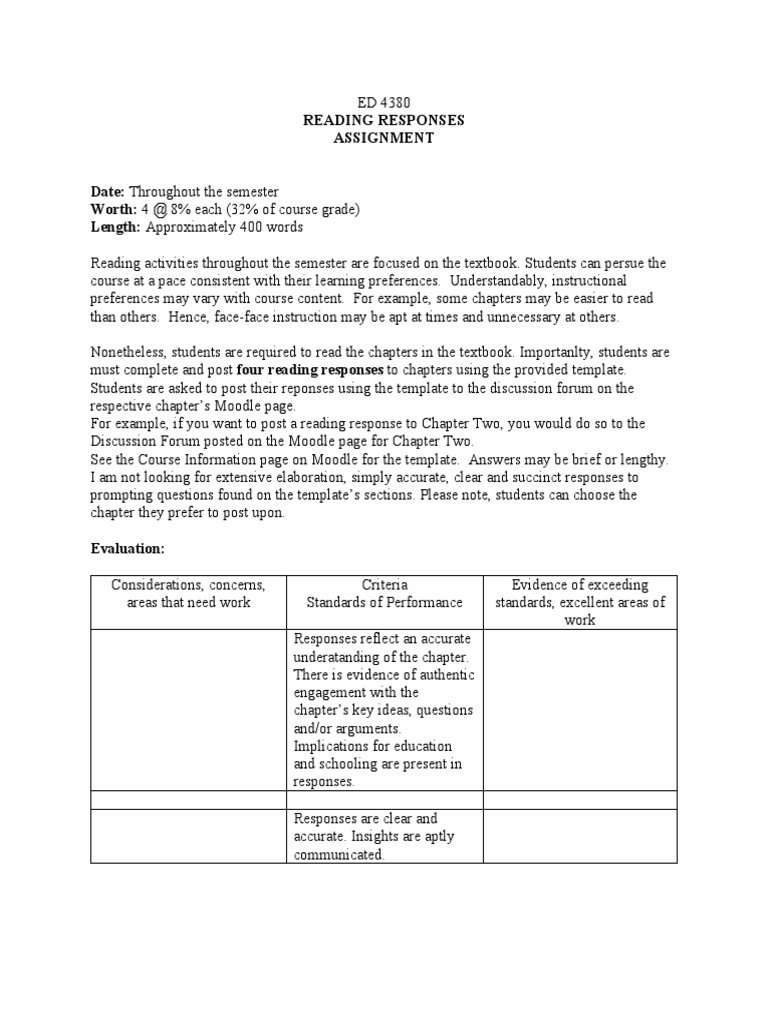 Reading Response Assignment | PDF | Language Arts & Discipline | Science & Mathematics