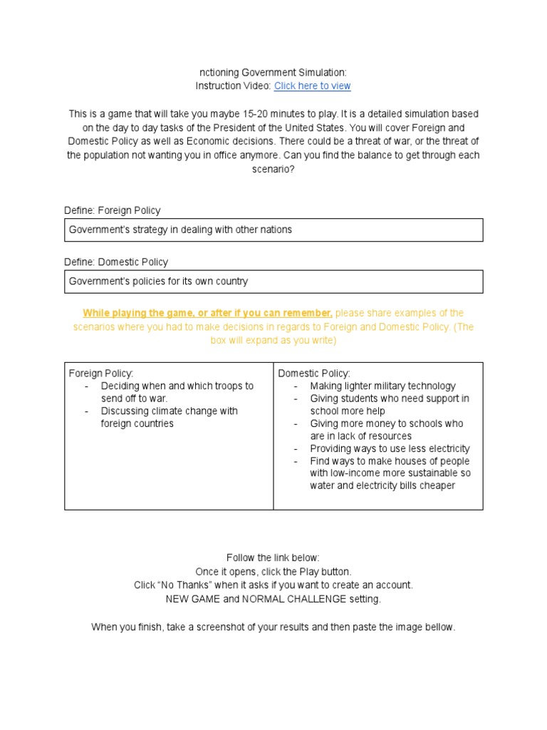 Unit 4 Short Activity - Foreign and Domestic Policy | PDF | Simulation