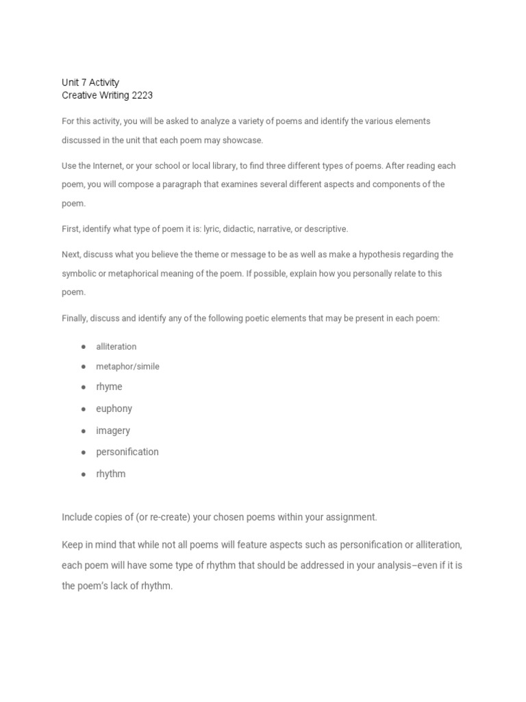 Unit 7 Activity Creative Writing 2223 | PDF | Poetry