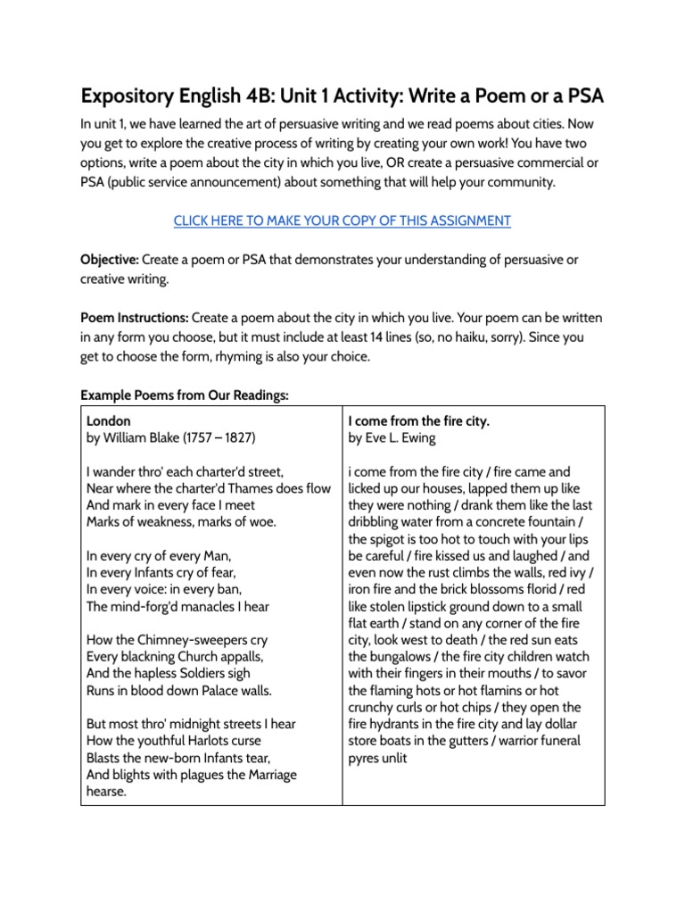 Expository English 4B - Unit 1 Activity - Write A Poem or A PSA | PDF ...