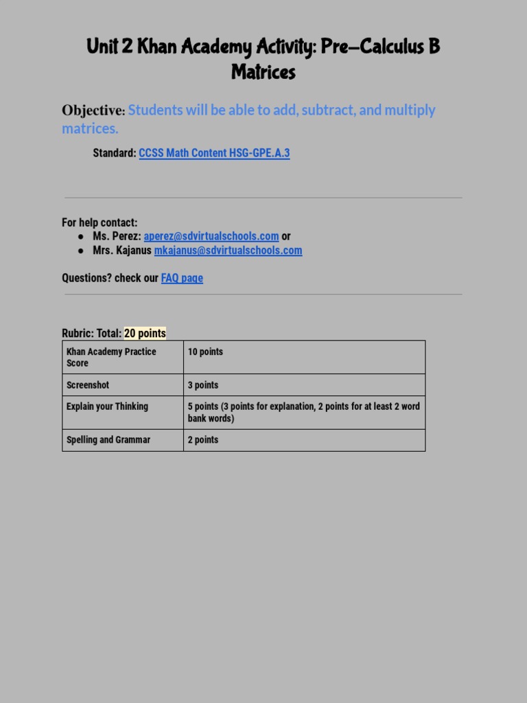 Unit 2 Khan Academy Activity - Pre-Calculus B 2223 | PDF | Matrix ...