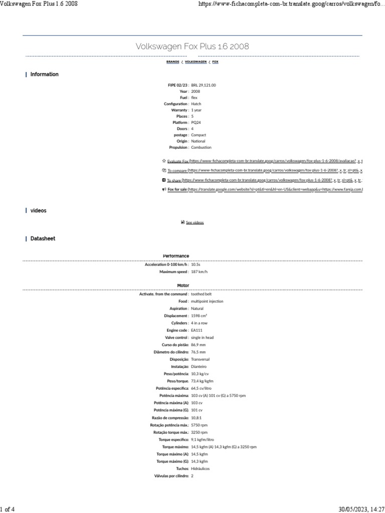 Volkswagen Fox Plus 1.6 2008: Ficha Técnica | PDF | Indústria ...