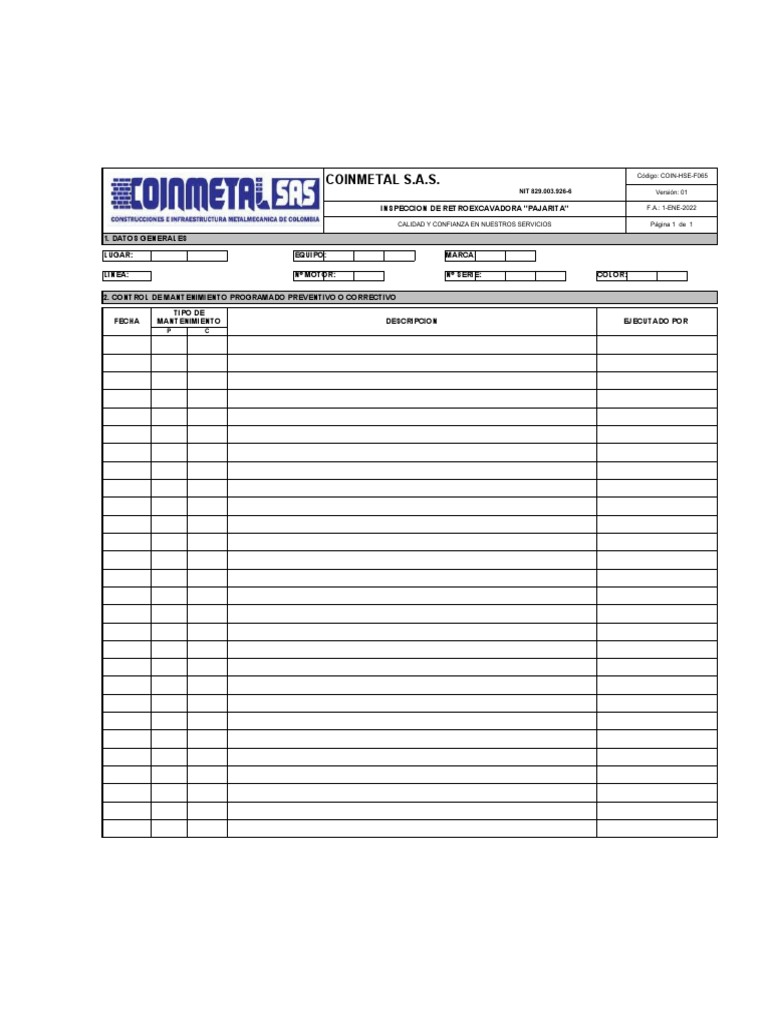 Coin-Hse-F065 Inspeccion Retroexcavadora - Pajarita | PDF Coin-Hse-F065 Inspeccion Retroexcavadora - Pajarita | PDF
