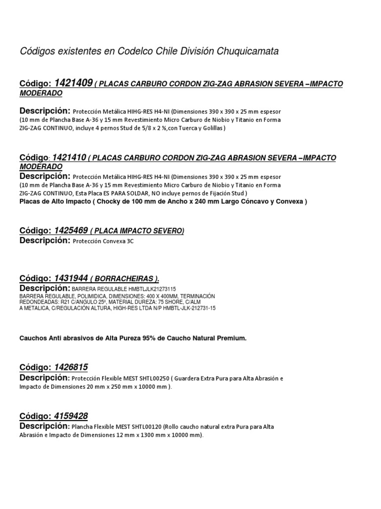 Códigos Actuales en Codelco Chile División Chuquicamata | PDF