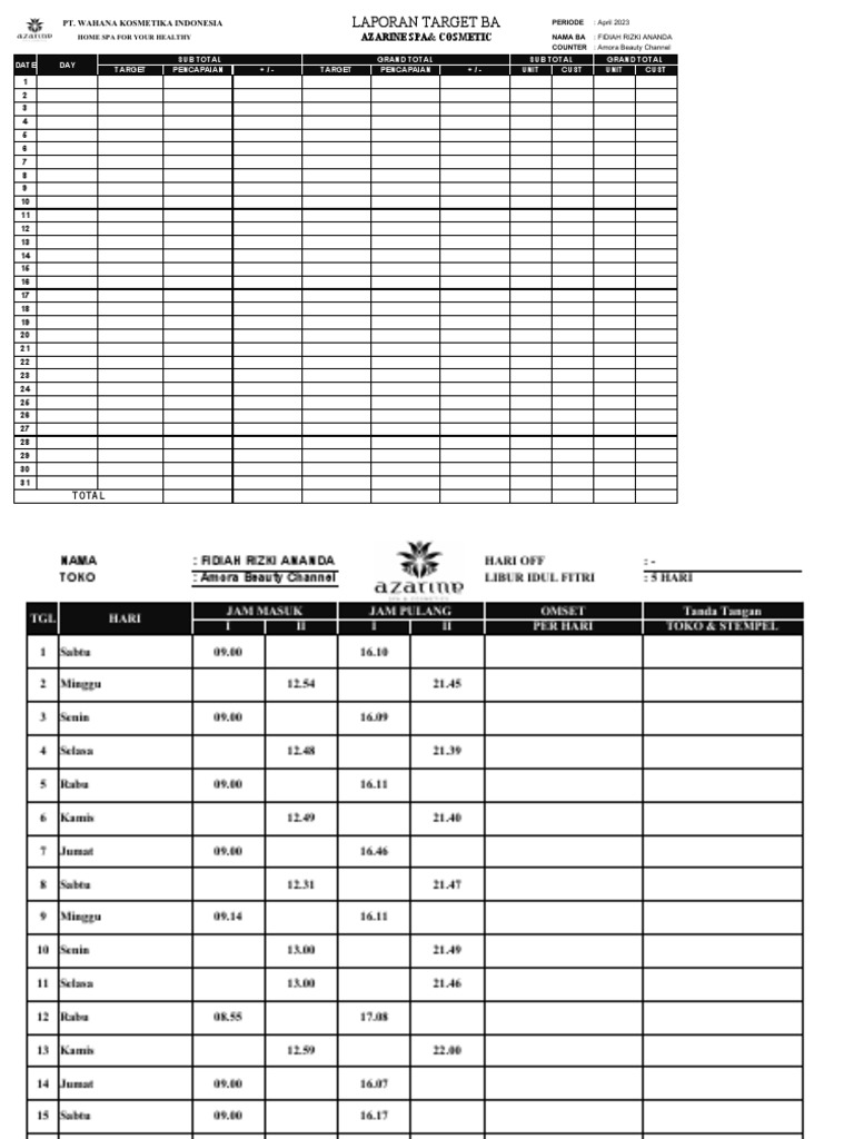 Absensi Dan Target Ba Fidiah Rizki Ananda 2023 | PDF