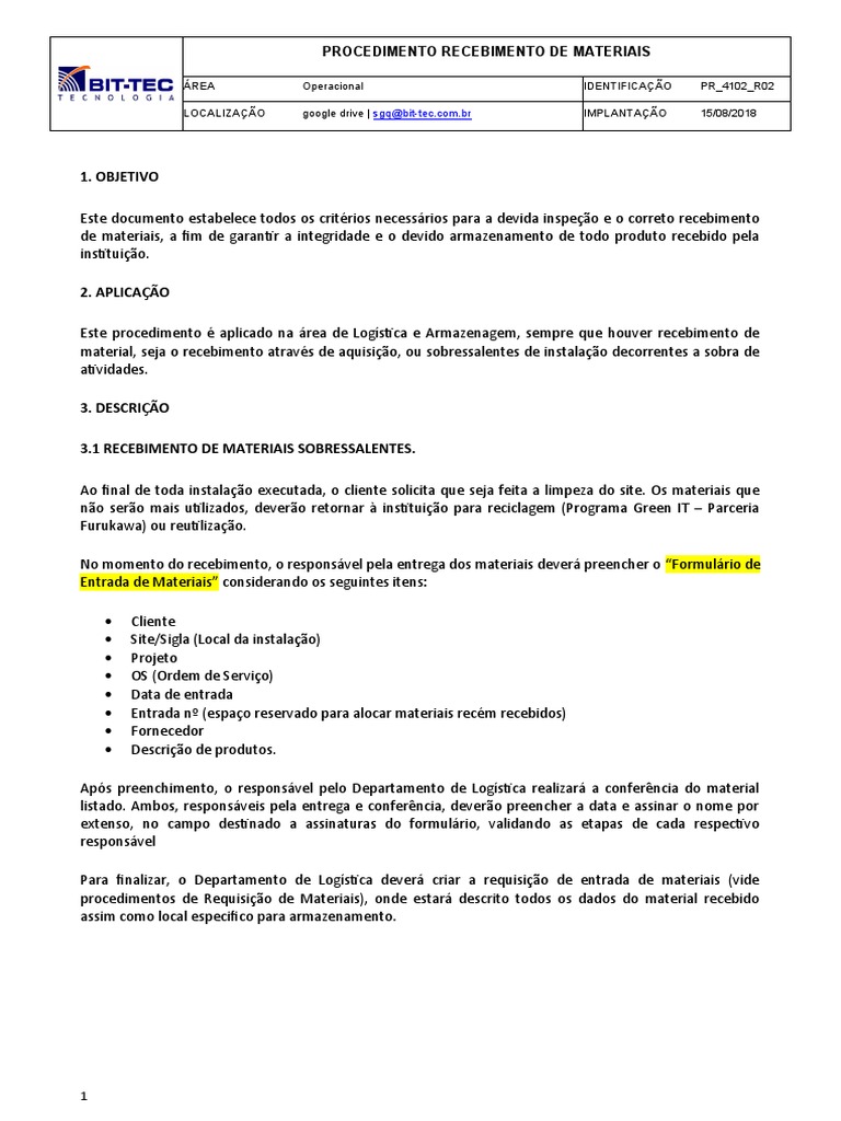 PR - 4102 - Recebimento de Materiais - R02 | PDF