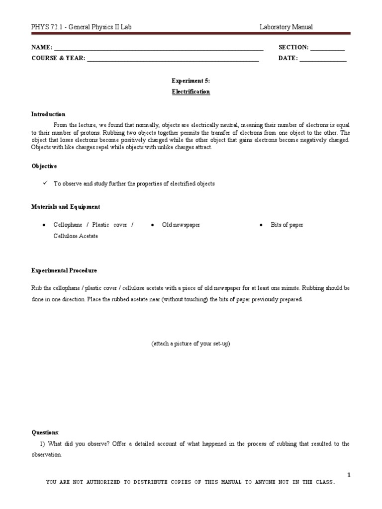 Experiment 05 Electrification | PDF