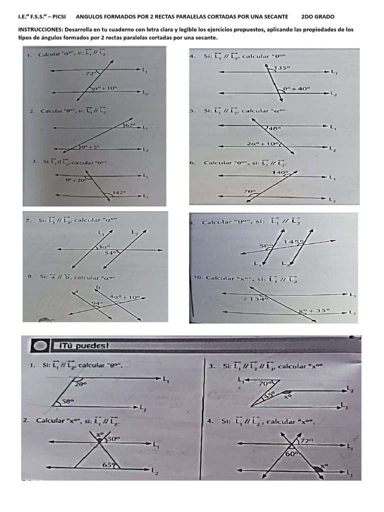 Ficha de Trabajo de Rectas Paralelas Cortadas Por Una Secante - 2do Grado | PDF