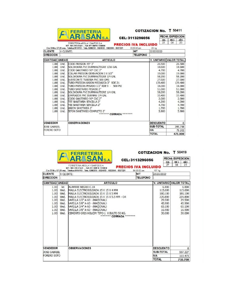 Cotización Materiales | PDF